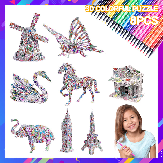 4 Pack 3D Puzzle Set with 24 coloring pen Set for kids and gifts ...
